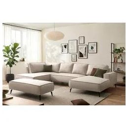 Wohnlandschaft Home Affaire "mit Hocker, TVINNU, moderne U-Form in Cord oder Leinenoptik", hellbeige, B:354cm H:83cm T:193cm, Sofas, Wohnlandschaft, Recamiere rechts/links, stellbar zum Schlafsofa (Krokodilverbinder)