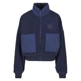 Bomberjacke Karl Kani "Karl Kani OG Crop Teddy Bomber Jacket", Damen, Gr. XL, dunkelblau, 100% Polyester, mehrfarbig, oversize, hoch geschlossener Ausschnitt, Jacken Bomberjacke
