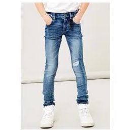 Stretch-Jeans name it "NKMPETE DNMTONSON", Jungen, Gr. 134, N-Gr, blau (medium blau denim), Denim/Jeans, Obermaterial: 74% Baumwolle, 24% Polyester, 1% Elasthan, 1% Viskose, Abriebeffekte, skinny fit normal, Jeans