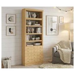 B&uuml;cherregal Home Affaire "Soeren Regal mit 5 breiten Schubk&auml;sten in geteilter Optik", natur, B:80cm H:220cm T:29cm, Massivholz, Regale, B&uuml;cherregal, T/H: 80/29/220 cm, Kiefer FSC-zertifiziert, elegante Metallgriffe