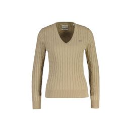 Sweater Gant "Strickpullover STRETCH COTTON CABLE V-NECK", Damen, Gr. 3XL, beige, Obermaterial: 88% Baumwolle CO. 10% Polyamid PA. 2% Elasthan EL., Sweatshirts Sweater