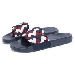 Pantolette Tommy Hilfiger "TH BRAIDED POOL SLIDE", Damen, Gr. 37, dunkelblau, wei&szlig;, rot, Baumwolle, kontrastfarbene Details, Schuhe Pantolette, Plateau, Sommerschuh, Strandschuh mit geflochtener Bandage