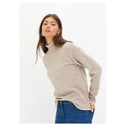 Strickpullover bonprix, Damen, Gr. 44/46 (L), beige (sand), Strick, Obermaterial: 52% Polyester, 41% Polyacryl, 4% Wolle, 3% Elasthan, kontrastfarbene Details, unifarben, bequem h&uuml;ftbedeckend, hoch geschlossener Ausschnitt, H&auml;kelkante, Pullover Strickpullover, mit Stehkragen, kontrastfarbige H&auml;kelkanten, bequem, meliert