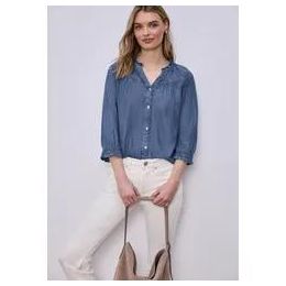 Langarmbluse Street One, Damen, Gr. 42, soft mid blau washed, Stoff, 100% Lyocell, unifarben, klassisch normal, hoch geschlossener Ausschnitt, B&uuml;ndchen, Blusen, mit Stehkragen