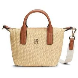 Tragetasche Tommy Hilfiger "POPETTE MICRO TOTE RAFFIA", Damen, Gr. B/H/T: 14cm x 16cm x 8cm, natur, sand, Lederimitat, Textil, Flechtoptik, Taschen, Damen Schultertasche, MiniBag, CrossBody in Flecht-Optik