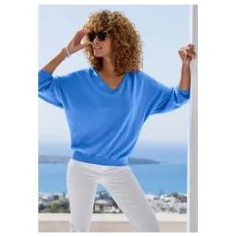 Fledermauspullover Vivance, Damen, Gr. 44/46, blau, Strick, Obermaterial: 60% Baumwolle, 40% Polyamid, unifarben, figurumspielend h&uuml;ftlang, V-Ausschnitt, Pullover, aus weicher Feinstrickqualit&auml;t, mit V-Ausschnitt und lockerer Passform