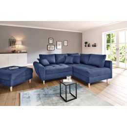 Ecksofa Home Affaire "Rice L-Form, B: 223 cm - OTTO. Verl&auml;ssliche Qualit&auml;t.", blau (blau, marin), B:223cm H:47cm T:184cm, Luxus-Microfaser (100% Polyester);Struktur fein (100% Polyester);Microfaser PRIMABELLE (100% Polyester);Samtoptik (100% Polyester), Sofas, Ecksofa, Set: Sofa & Hocker, mit 3 Zierkissen, Federkern