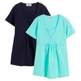 Stillshirt bonprix "2-in-1 Umstands- und Stillshirts (2er Pack?)", Damen, Gr. 40/42 (M), blau (dunkelblau, mentholblau), Obermaterial: 95% Baumwolle, 5% Elasthan, figurumspielend, Shirts, figurumspielende Passform, mit Wickelschnitt