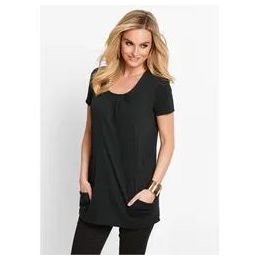 Longshirt bonprix, Damen, Gr. 40/42 (M), schwarz, Jersey, Obermaterial: 64% Polyester, 32% Viskose, 4% Elasthan, unifarben, figurumspielend Po-bedeckend, Rundhals, Shirts Longshirt, figurumspielende Passform, Kurzarm, mit Eingriffstaschen