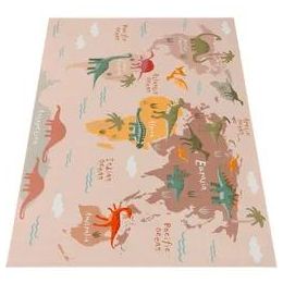 Kinderteppich Paco Home "Bino 583", beige, B:100cm H:4mm L:200cm, Polyester, Teppiche, Kinderteppich, Spielteppich, Motiv Weltkarte & Dinosaurier, Kinderzimmer