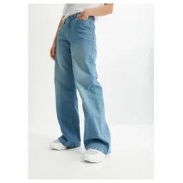 Weite Jeans bonprix, Damen, Gr. 44, K-Gr, blau (hellblau denim (l&auml;nge: kurz)), Denim/Jeans, Obermaterial: 82% Baumwolle, 17% Polyester, 1% Elasthan, Abriebeffekte, unifarben, loose fit lang, Jeans, Loose Fit, 5-Pocket-Style, Wide-Leg Jeans, Mid Waist