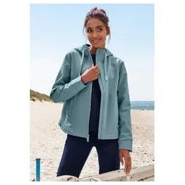 Softshelljacke ELBSAND, Damen, Gr. XL/42, cyanblau, Web, Obermaterial: 85% Polyester, 15% Elasthan. Futter: 100% Polyester, h&uuml;ftlang, Jacken Softshelljacke, mit verstellbarer Kapuze