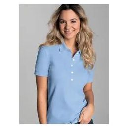 Poloshirt TRIGEMA "TRIGEMA Poloshirt mit Kristallsteinen", Damen, Gr. 3XL, horizont, Piqu&eacute;, 94% Baumwolle, 6% Elastan, Basic, lang, ohne Ausschnitt, Shirts