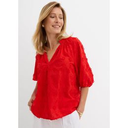 bonprix Tunikabluse aus reiner Baumwolle, rot, Gr.52, Mit dekorativer Blumenstickerei, aus 100% Baumwolle