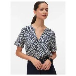 V&eacute;ro Moda Shirtbluse VERO MODA "VMJOSIE SS V-NECK GATHERING TOP WVN GA", Damen, Gr. L, birch aop:navy blazer bonnie, Web, Obermaterial: 83% Viskose, 17% Nylon, bedruckt, regular fit normal, V-Ausschnitt, Blusen, Viskosemischung, regular fit