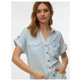 V&eacute;ro Moda Kurzarmbluse VERO MODA "VMBUMPY S/S SHIRT WVN GA NOOS", Damen, Gr. M, snow wei&szlig; stripes:gray mist, Web, Obermaterial: 100% Viskose, gestreift, regular fit normal, V-Ausschnitt, mit Aufschlag, Blusen, Viskose, regular fit
