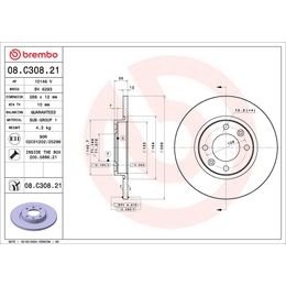 Brembo Bremsscheibe 08.C308.21 hinten rechts links voll 268mm f&uuml;r PEUGEOT (DF-PSA) CITRO&Euml;N VAUXHALL OPEL DS 1670945780 YL01522880