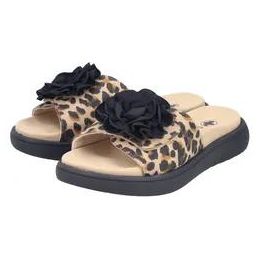 Pantolette Rieker, Damen, Gr. 38, leo, schwarz, Nubuklederimitat, Textil, Schuhe Pantolette, Sommerschuh, Hausschuh, Strandschuh mit bequemem Fu&szlig;bett, Topseller