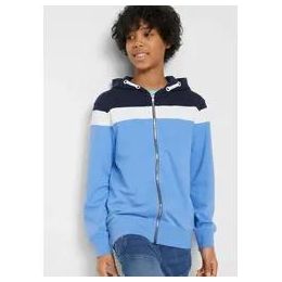Kapuzensweatjacke bonprix, Jungen, Gr. 152/158, dunkelblau, wollwei&szlig;, mittelblau, Sweatware, Obermaterial: 60% Baumwolle, 40% Polyester. Kapuzenfutter: 60% Baumwolle, 40% Polyester, Basic h&uuml;ftbedeckend, Rundhals, Rippb&uuml;ndchen, Sweatjacken, mit Kapuze, f&uuml;r Fr&uuml;hling und Sommer, Langarm