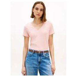 Kurzarmshirt Tommy Hilfiger "CO LINEN V-NECK SHORT SLEEVE TEE", Damen, Gr. M (40), soft rose, Single Jersey, Obermaterial: 50% Baumwolle, 50% Leinen, unifarben, regular fit normal, V-Ausschnitt, abgesteppte Kante, Shirts, mit V-Ausschnitt, Regular Fit
