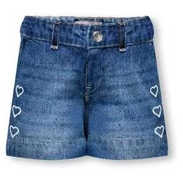 Jeansshorts KIDS Only "KOGCOMET HEART WIDE SHORTS DNM DIA3020", M&auml;dchen, Gr. 128, N-Gr, medium blau denim detail:heart embroidery, Denim/Jeans, Obermaterial: 100% Baumwolle, bestickt, unifarben, Basic ca. Mitte Oberschenkel, Jeans Jeansshorts, mit tollen Herz-Stickereien