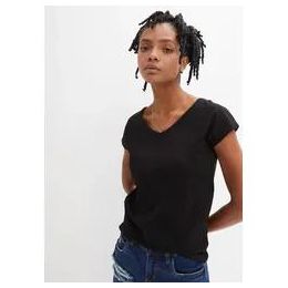 T-Shirt bonprix, Damen, Gr. 40/42 (M), schwarz, Jersey, Obermaterial: 100% Baumwolle, unifarben, loose fit h&uuml;ftbedeckend, tiefer V-Ausschnitt, angeschnitten, Shirts T-Shirt, lockere Passform, mit V-Ausschnitt, mit coolem R&uuml;ckendetail