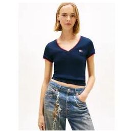 Tommy Hilfiger Kurzarmshirt TOMMY JEANS "TJW SLIM BADGE V-NECK TEE", Damen, Gr. XS (34), schwarz night navy, Single Jersey, Obermaterial: 95% Baumwolle, 5% Elasthan, unifarben mit Farbeinsatz, slim fit h&uuml;ftlang, tiefer V-Ausschnitt, Shirts, mit dem V-Ausschnitt
