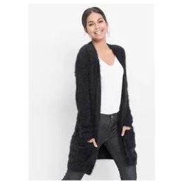 Longstrickjacke bonprix "Longstrickjacke in Flauschoptik", Damen, Gr. 32/34 (XS), schwarz, Obermaterial: 70% Polyamid, 30% Polyacryl, loose fit, Strickjacken Longstrickjacke, lockere Passform, mit flauschiger Optik, eleganter Stil