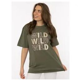 T-Shirt Zwillingsherz "Wild Wild Wild", Damen, Gr. L, khaki, Web, Obermaterial: 95% Baumwolle, 5% Elasthan, Basic h&uuml;ftlang, Rundhals, gerader Abschluss, Shirts T-Shirt, gro&szlig;er, gestickter Schriftzug mit Leomuster, Rundhals