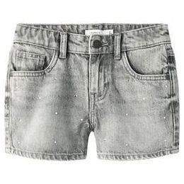 Jeansshorts name it "NKFROSE REG DNM SHORTS 6042-AC NOOS", M&auml;dchen, Gr. 128, N-Gr, light grau denim, Denim/Jeans, Obermaterial: 100% Baumwolle, Abriebeffekte, unifarben, regular fit kurz, Jeans Jeansshorts, Baumwolle, mit Glitzersteinchen