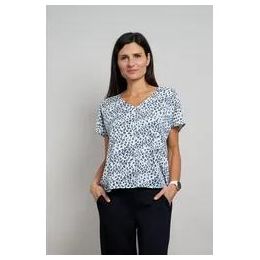 Kurzarmbluse Seidel Moden "Otto exclusiv", Damen, Gr. 38, jeans, Web, Obermaterial: 100% Viskose, l&auml;ssig geschnitten h&uuml;ftbedeckend, V-Ausschnitt, Blusen, mit Minimalprint und V-Ausschnitt - MADE IN GERMANY