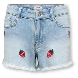 Jeansshorts KIDS Only "KOGROBYN EX VINTAGE BERRY DNM SHORTS", M&auml;dchen, Gr. 140, N-Gr, light blau denim aop:strawberry embroidery, Denim/Jeans, Obermaterial: 99% Baumwolle, 1% Elasthan, bestickt, kurz, Jeans Jeansshorts, Baumwolle mit Stretch, Stickerei Detail