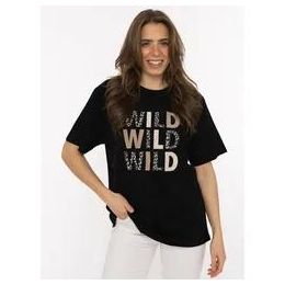T-Shirt Zwillingsherz "Wild Wild Wild", Damen, Gr. M, schwarz, Web, Obermaterial: 95% Baumwolle, 5% Elasthan, Basic h&uuml;ftlang, Rundhals, gerader Abschluss, Shirts T-Shirt, gro&szlig;er, gestickter Schriftzug mit Leomuster, Rundhals