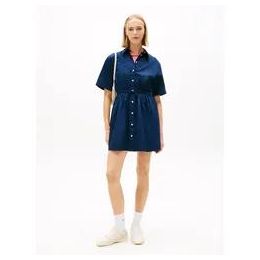 Tommy Hilfiger Hemdblusenkleid TOMMY JEANS "TJW MINI STRIPE SHIRT DRESS", Damen, Gr. L (40), N-Gr, schwarz night navy, Popeline, Obermaterial: 100% Baumwolle, unifarben, tailliert mini, mit Umschlag, Kleider, mit Taillen Bindeband, Relaxed Fit