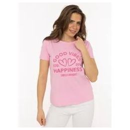 T-Shirt Zwillingsherz "Happiness Vibes", Damen, Gr. L, rosa, Obermaterial: 95% Baumwolle, 5% Elasthan, Shirts T-Shirt, ton in ton Stickerei, kurzarm, Rundhals
