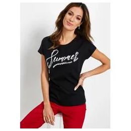 T-Shirt bonprix "Shirt mit Pailletten", Damen, Gr. 48/50 (XL), schwarz (schwarz, silber bedruckt), Obermaterial: 100% Baumwolle, loose fit, Shirts T-Shirt, lockere Passform, Kurzarm, aus Baumwolle