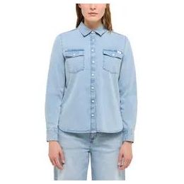 Hemdbluse Mustang "Damen Style Sedana Basic Shirt", Damen, Gr. 40, blau 311, Denim/Jeans, 100% Baumwolle, unifarben, regular fit, Blusen Hemdbluse