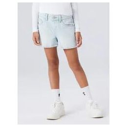 Jeansshorts name it "NKFROSE REG DNM SHORTS 6042-AC NOOS", M&auml;dchen, Gr. 128, N-Gr, light blau denim, Denim/Jeans, Obermaterial: 100% Baumwolle, Abriebeffekte, unifarben, regular fit kurz, Jeans Jeansshorts, Baumwolle, mit Glitzersteinchen