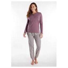 Schlafanzug Tom Tailor "Sitia", Damen, Gr. 46 (XXXL), lila (lila, mittel, allover), Obermaterial: 95% Baumwolle, 5% Elasthan, normal normal, Rundhals, gerader Abschluss, Homewear-Sets Schlafanzug, Langarm, Rundhalsausschnitt, mit Kn&ouml;pfen, gemustert, Baumwollmix