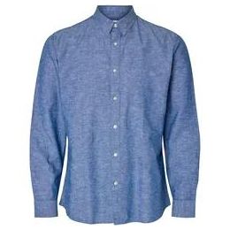 Langarmhemd Selected "SLHSLIMSUN LS SHIRT CLASSIC D", Herren, Gr. XL, N-Gr, medium blau denim, Web, Obermaterial: 71% Baumwolle, 29% Leinen, unifarben, slim fit normal, 1-Knopf-Manschette, Hemden
