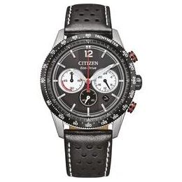 Chronograph Citizen "Racing Chrono", schwarz, silberfarben, Armbanduhren, Herren, Chronograph, Armbanduhr, Solar, Herrenuhr, Lederarmband, analog, Big Date