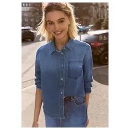 Langarmbluse STREET ONE STUDIO, Damen, Gr. 44, mid blau authentic washed, Web, 71% Baumwolle, 27% Polyester, 2% Elasthan, unifarben, normal normal, V-Ausschnitt, B&uuml;ndchen, Blusen, im Denim-Style
