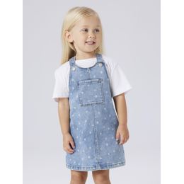 Jeanskleid name it "NMFROSA SHORT DNM BIBSKIRT 3555-ON F", M&auml;dchen, Gr. 104, N-Gr, medium blau denim aop:flower, Denim/Jeans, Obermaterial: 74% Baumwolle, 24% Polyester, 1% Elasthan, 1% Viskose, bedruckt, kurz, Kleider, Denim Baumwollmischung, zarter Allover Print