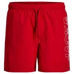 Jack & Jones PlusSize Badeshorts "JPSTMAUI WAVE LOGO SWIM SHORTS SN PLS", Herren, Gr. 42, N-Gr, true rot, Web, Polyester, JACK & JONES PLUSSIZE, unifarben, Badehosen Badeshorts