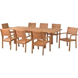 Garten-Essgruppe Merxx "&raquo;Batavia&laquo;", beige (natur, natur, natur), Auszugsplatte, ausziehbar, Massivholz, Sitzm&ouml;bel-Sets, Sessel stapelbar, Doppelausziehtisch Beine 9x9 cm stark