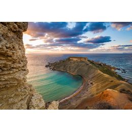 Fototapete papermoon "GNEJNA BUCHT-MALTA STRAND KLIPPEN K&Uuml;STE BLUMEN GEBIRGE", bunt, B:3m L:2,23m, Vlies, Tapeten