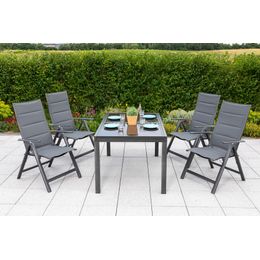 Garten-Essgruppe Merxx "Taviano", grau (anthrazit, anthrazit, grafit), Polyester, Aluminium, Polyester, Sicherheitsglas, Sitzm&ouml;bel-Sets, 4 Klappsessel, 5-fach verstellbar, Ausziehtisch