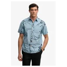 Kurzarmhemd Superdry "VINTAGE LOOM S/S SHIRT", Herren, Gr. XL, N-Gr, mid wash blau hawaiian, Web, Obermaterial: 100% Baumwolle, gemustert, relaxed fit normal, Rundhals, Hemden, mit sommerlich coolem Hawaii-Blumen-Print