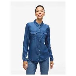 Jeansbluse Vila "VIBISTA", Damen, Gr. XL, blau (dunkelblau denim), Web, Obermaterial: 70% Lyocell, 30% Baumwolle, schmal h&uuml;ftbedeckend, 1-Knopf-Manschette mit Druckknopf, Blusen Jeansbluse, in leichter Used-Waschung