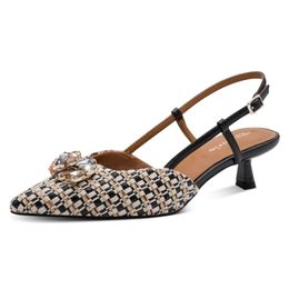 Slingpumps Tamaris, Damen, Gr. 38, schwarz, kombiniert, Lederimitat, Textil, kontrastfarbene Details, Schuhe Slingpumps, Trichterabsatz, Businesschuh, Festtagsschuh, gl&auml;nzende Schmucksteine